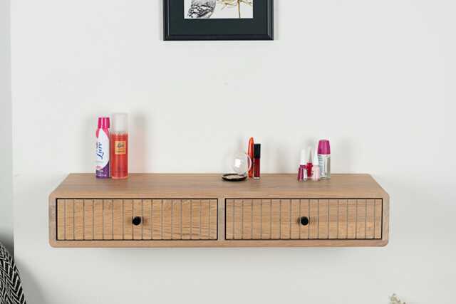 Fluted Floating Makeup Table With Two Drawers, Organizer For Vanity ...