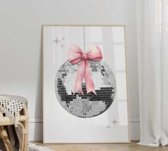 Bow Print Disco Ball Glitter Wall Art Pink Coquette Preppy Modern ...