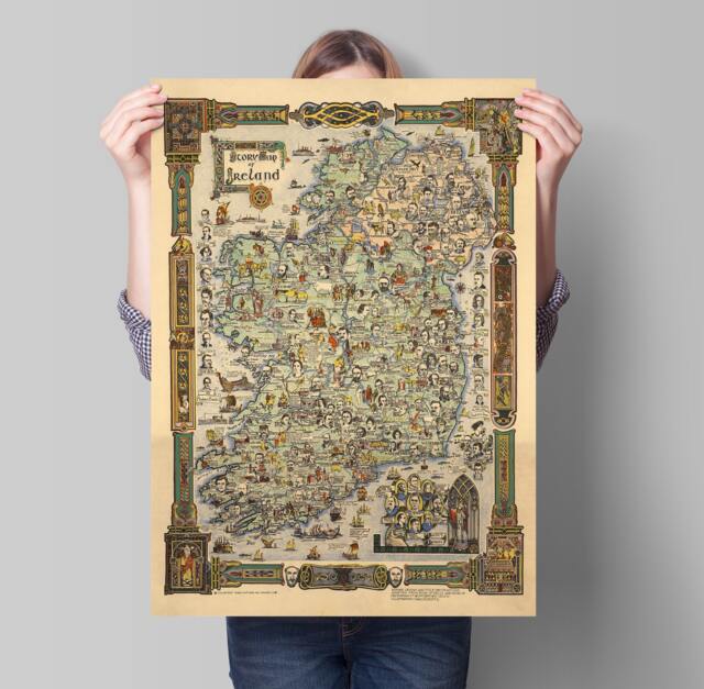 story Map Of Ireland, Vintage Pictorial Irish Poster Featuring ...