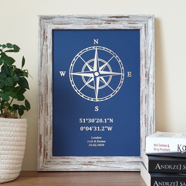 A4 Custom Foil Compass & Coordinates Print, Any Location Personalised ...