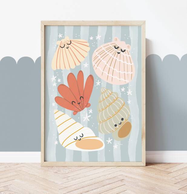 Sea Shells Print in Blue, Unframed Cute Nursery Print, Girl Bedroom ...