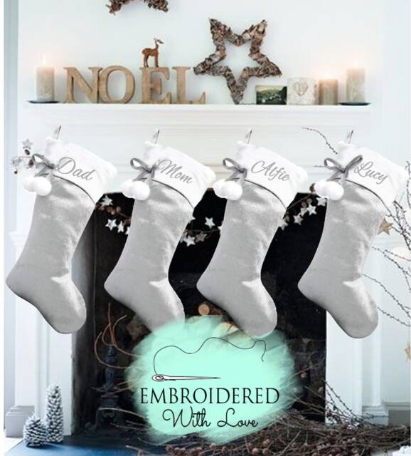 Personalised Grey Velvet Christmas Stocking Embroidered, Pom Stocking ...