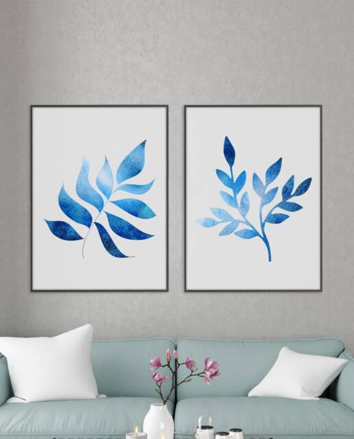 Home Decor , Blue Leaf Wall Art Print Botanical Room - Set Of Prints ...