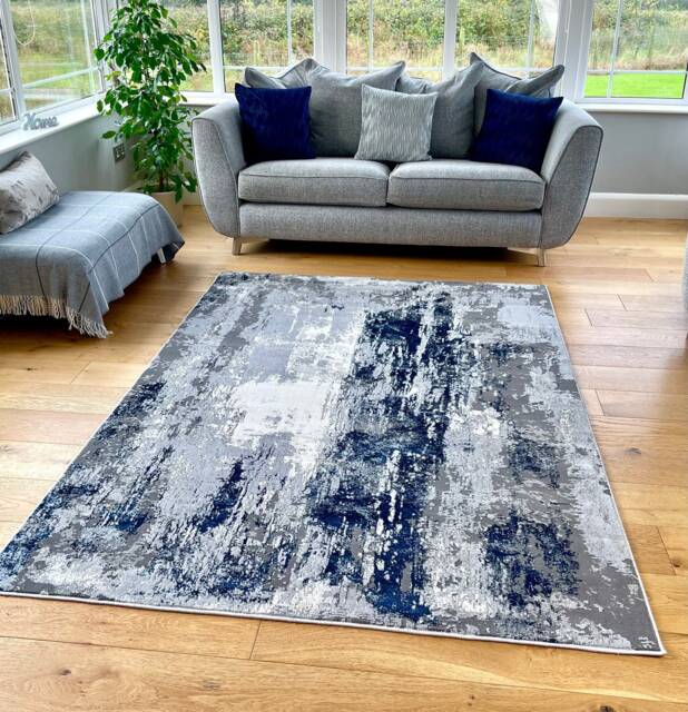 Navy Art Shimmer Sheen Effect Modern Rug Silky Soft Chic Design Area ...