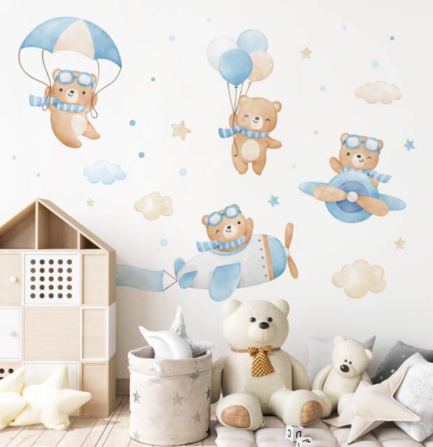 Flying Bears Wall Decals - Nursery Bear Decal Airplane Boys Girls Room ...