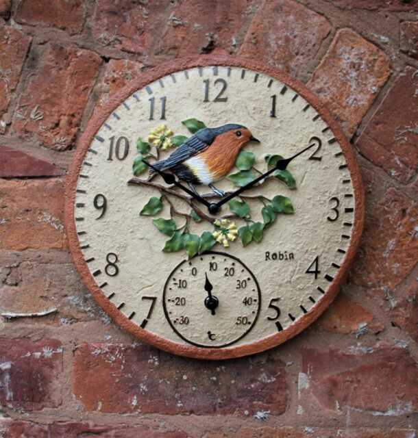 Garden Wall Station Clock Thermometer 12 Inch Outdoor/Indoor With Robin ...