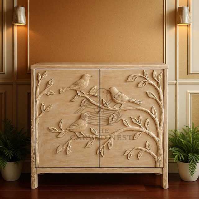 Handcarved Wooden Cabinet With Bird & Tree Motif - Nature-Inspired ...