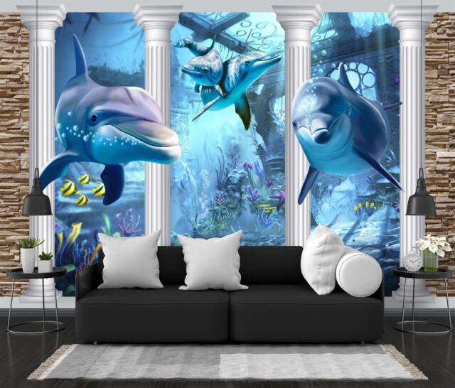 3D Underwater Dolphins Columns Gift, Art Print Photomural Wallpaper ...