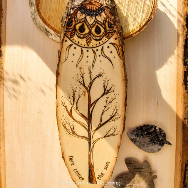 Wood Burned Summer Decor, Original Sun & Tree Pyrography Wall Hanging ...