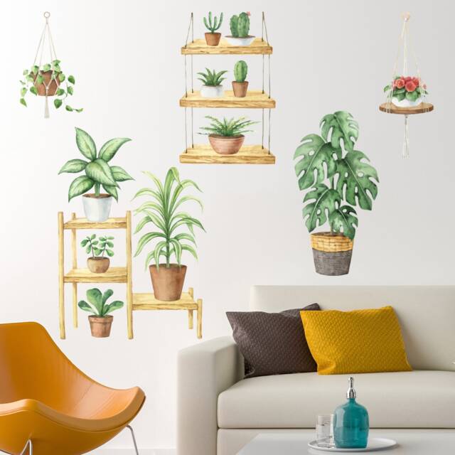 Plant Wall Sticker - Set Of Watercolour Plants On Shelves & Hanging ...