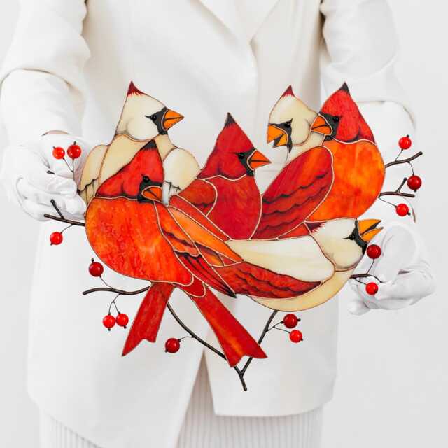 Red Cardinal Family Stained Glass Wall Decor Unique Handmade Bird ...