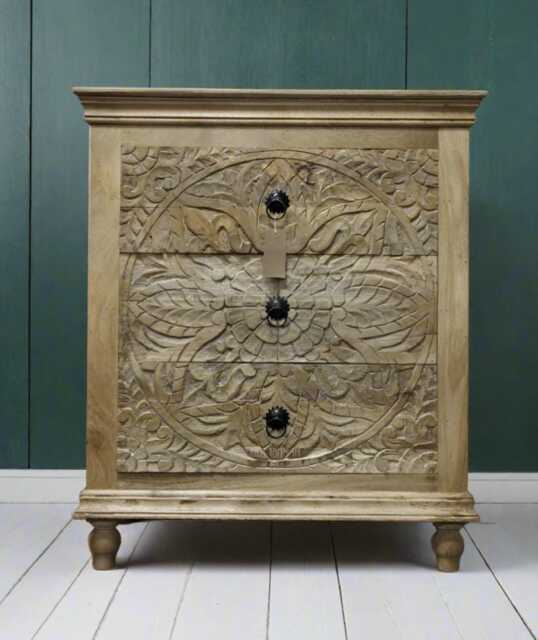 Natural Wood Rustic Chest Of Drawers -3 Carved Cabinet -Hall-Lounge ...