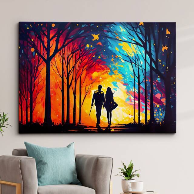 Couple Walking Starry Night Abstract Oil Painting Style Wall Art ...