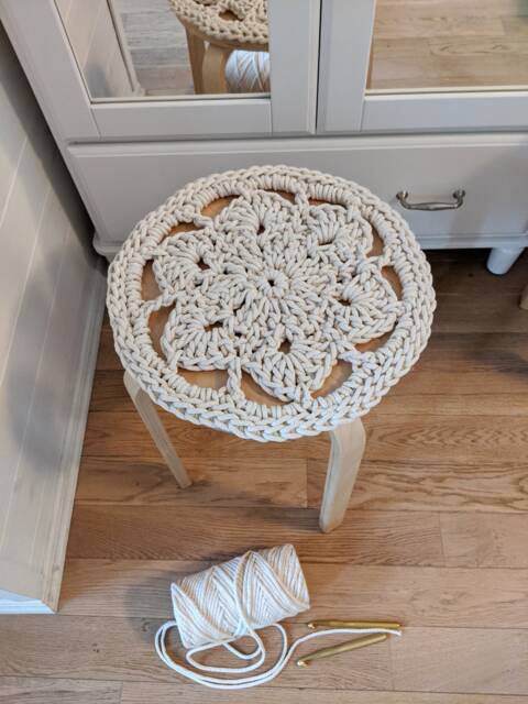 Boho Chair Pad Cushion - Recycled Cotton Rope Crochet Beige Cottage ...