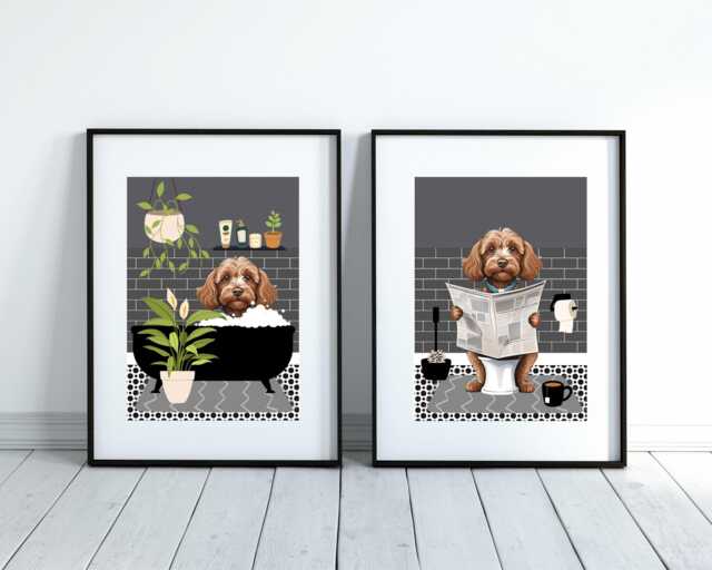 Set Of Two Cavapoo Bathroom Prints. One in The Bath & One On The Toilet ...
