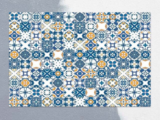 Dense Original Arabesque Tiles Vinyl Mat, Yellow Rug, Blue Linoleum ...