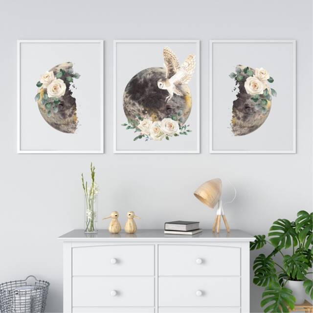 Set Of 3 Prints, Moon Phase Print, Lounge Wall Art, Watercolour Artwork ...