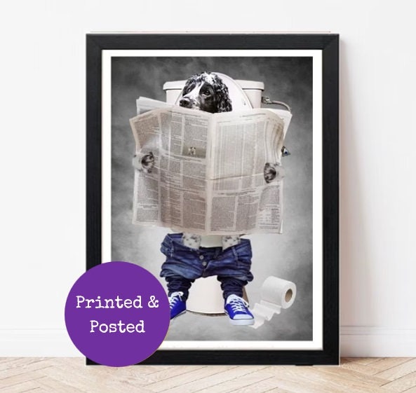 Blue Roan Cocker Spaniel On Toilet - Funny Bathroom Print Dog Picture ...