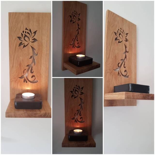 Wooden Wall Sconce - SingleSolid Oak Handmade Lotus Flower Detail ...