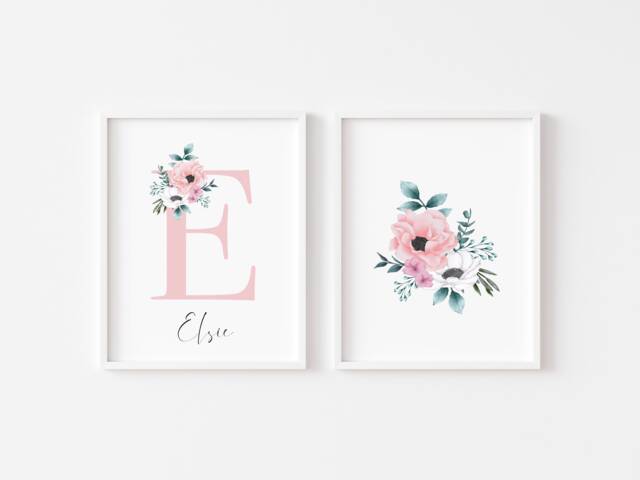 Personalised Floral Initial Prints Set Of 2 Pink Bedroom Wall Art ...