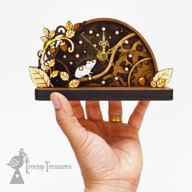 Small Clockwork Mice Mantel Clock, Wooden Lasercut Engraved Hickory ...
