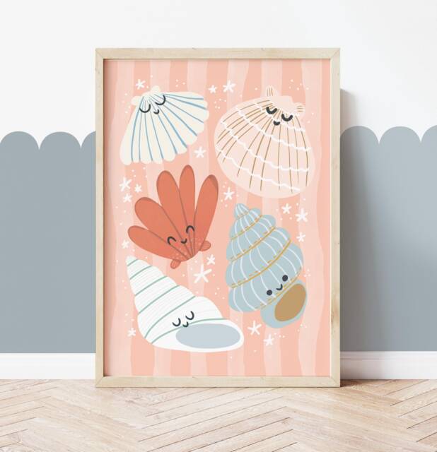 Sea Shells Print in Pink, Girl Bedroom Decor, Unframed Nursery Print ...