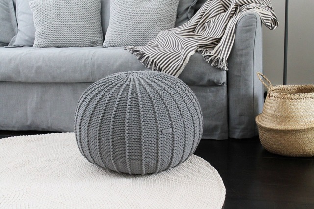 Knitted Footstool Pouf, Grey Pouf Ottoman, Natural Nursery Decor ...
