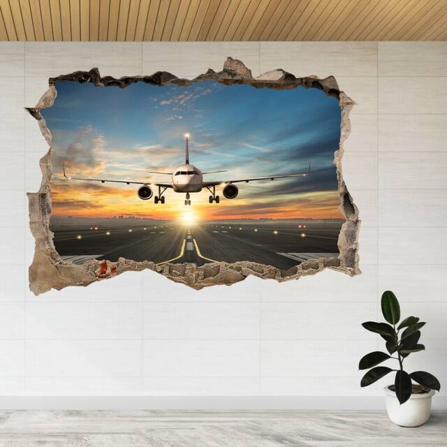 Airplane Landing Airport Runway 3D Smashed View Wall Sticker Poster ...