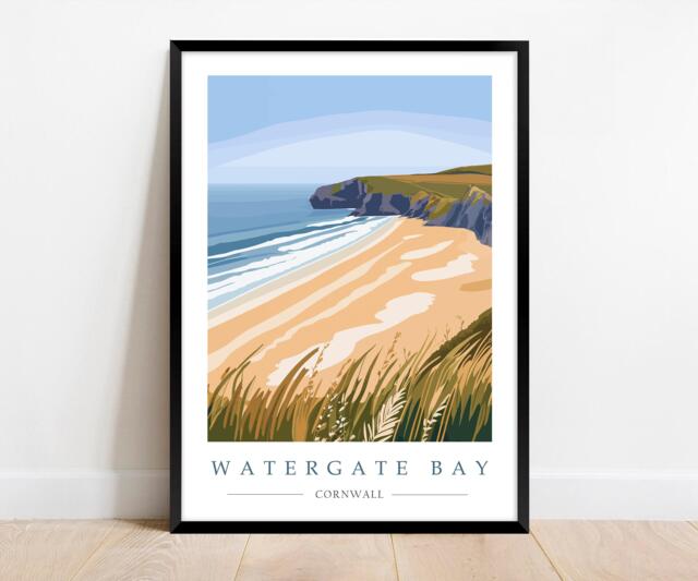 Watergate Bay Travel Poster, Newquay, Cornwall, Illustration, Beach, Waves, Wall Artwork Gift ...
