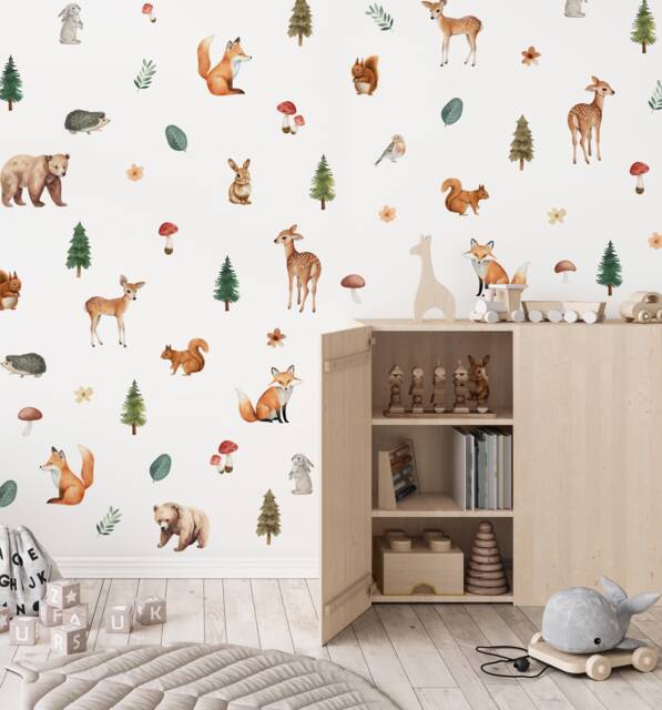 Watercolor Woodland Animals Wall Decal, Floral Nursery Decor, Decals ...