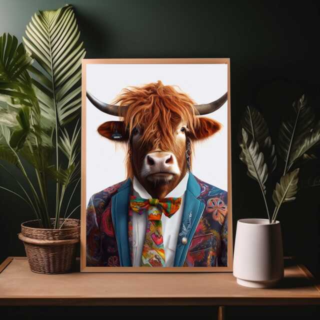 Animal in Human Clothing Portrait- Highland Cow A Suit - Fun A4 Print ...