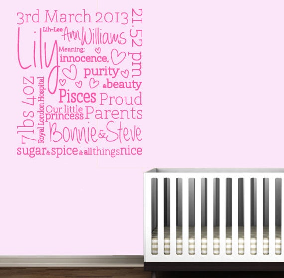 Personalized Custom Baby Birth Announcement Print Typography Wall Decal ...
