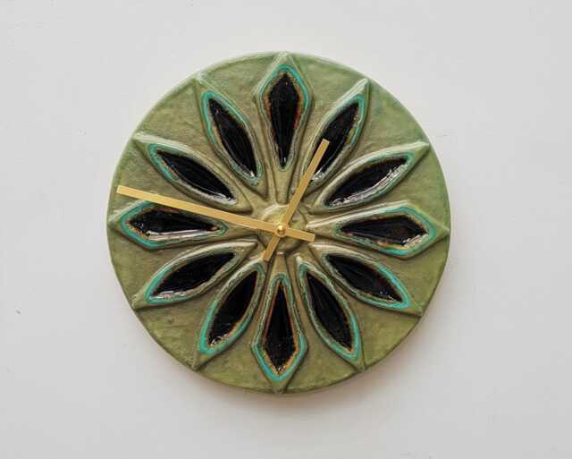 Unusual Hand Made Circular Round Khaki Sage Green Glazed Wall Clock With Inlaid Black Glass 25 ...