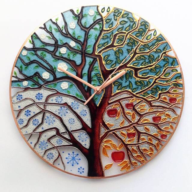 Four Seasons Tree Wall Clock - Hand-Painted Glass Art in Stained Style ...