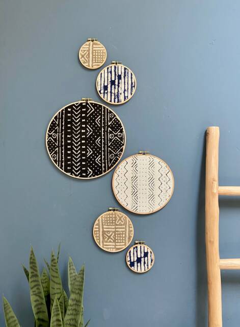 African Mudcloth Gallery Wall Hanging Decor Set, Wood Circle Frames ...