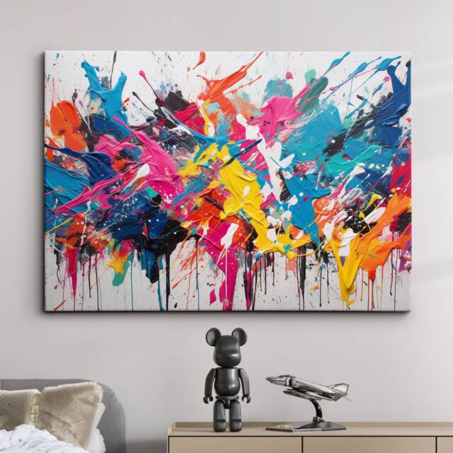 Colorful Paint Splash Abstract Oil Painting Splatter Style Wall Art, Framed Canvas Poster Print ...