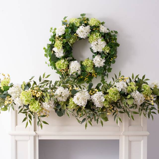 White & Green Hydrangea With Cream Berry Artificial All Seasons Greenery Mantle Garland & Table ...
