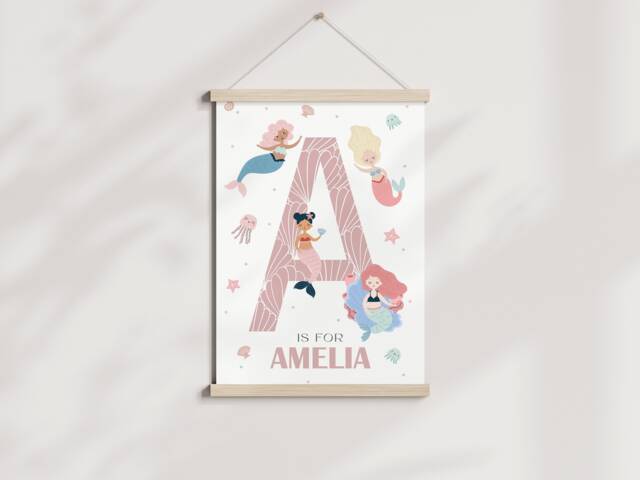Mermaid Girls Child Baby Themed Room Decor Wall Art Print Pink Pastel ...