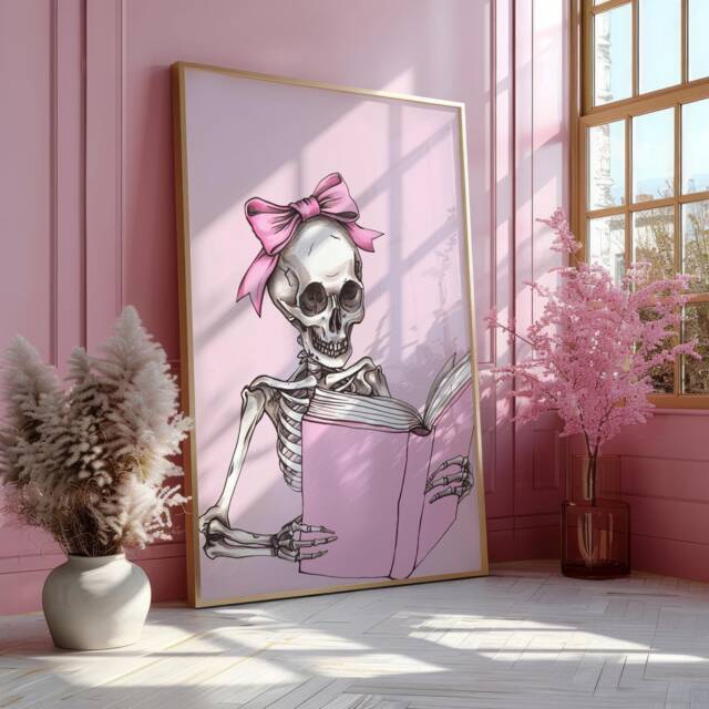Cute Skeleton Print Halloween Pastel Wall Art Autumn Decor Pink Poster ...