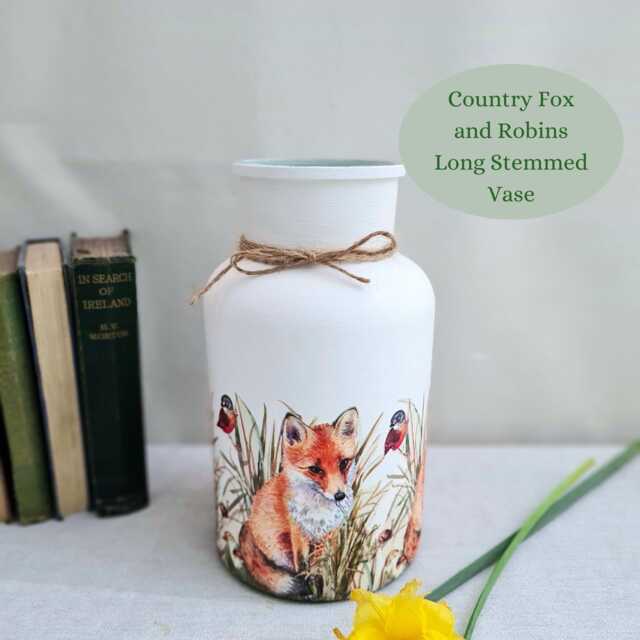 Tall Fox & Robins Vase, Long Stemmed Country Flower Wildlife Foxes ...