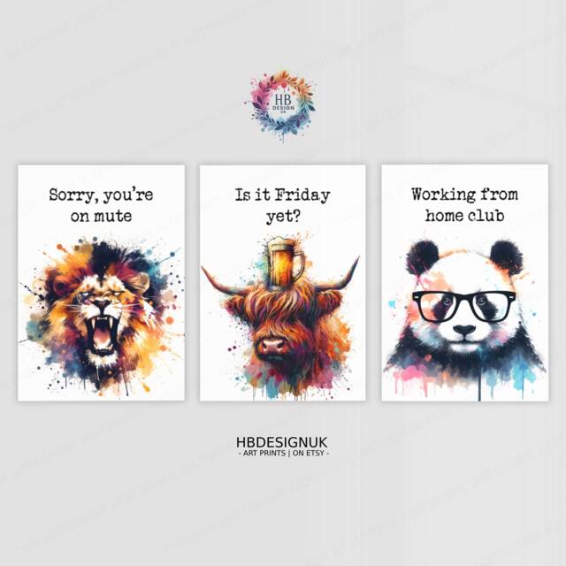 Funny Home Office Art - Set Of 3 Posters - Animal Quotes Decor Work ...