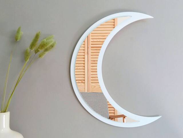 White Crescent Moon Mirror Wall Decor, Half Wooden Hanging With Mirror ...