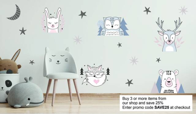 Nursery Wall Stickers Woodland Animals Scandinavian Nordic 2023 Cute ...
