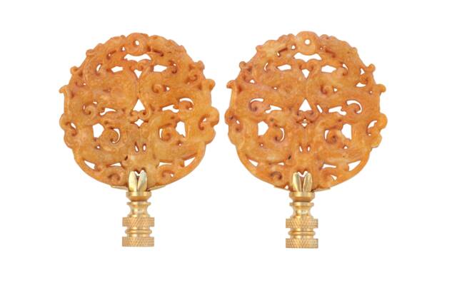 Frilly Dragon Carved Stone Lamp Finials in Honey Yellow On Brass ...