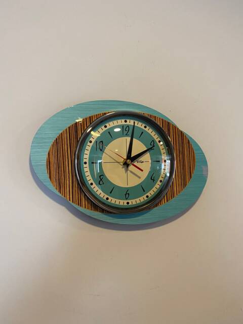 Aqua Blue Formica Wall Clock Mid-Century Atomic Zebra Wood Accent by ...