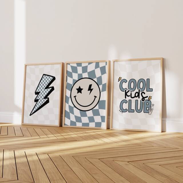 Set Of 3, Checkerboard Retro Style Prints, Smile Face Cool Kids Club ...
