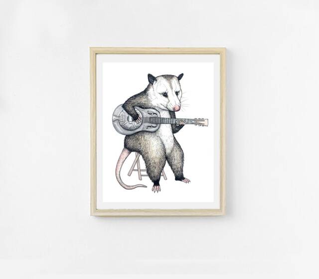 Bluegrass Opossum. Possum Art Print. Animal Band. Gift. Musician Music ...