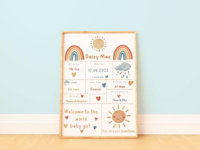 Personalised Birth Print, Details Sign, Announcement, Boho Rainbows ...