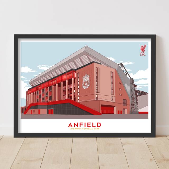 Liverpool Fc Print - Anfield Illustration Outside Stadium Blue Sky ...
