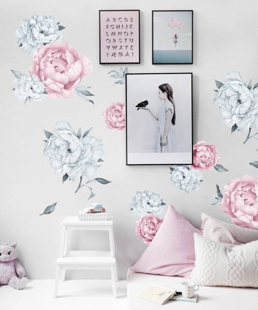 Peony Flower Wall Decal Nursery Girls, Pink Decals Peel & Stick, Gray ...